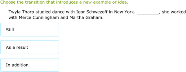IXL | Choose the best transition | 4th grade language arts
