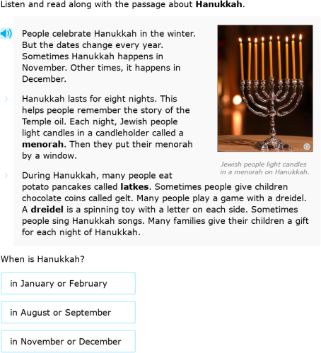 IXL | Hanukkah | Kindergarten social studies