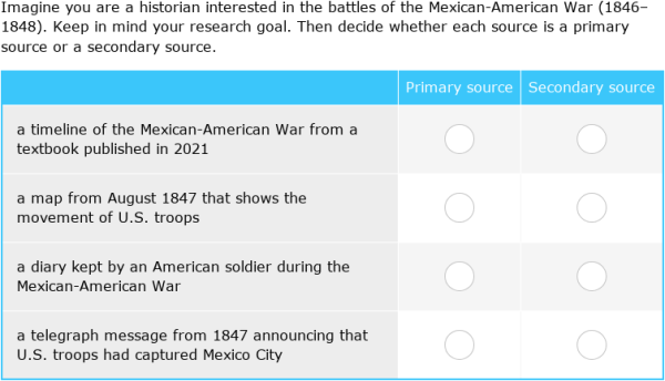 IXL - Identify primary and secondary sources (U.S. History practice)