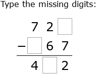 IXL | Subtraction up to three digits: fill in the missing digits | 3rd grade math