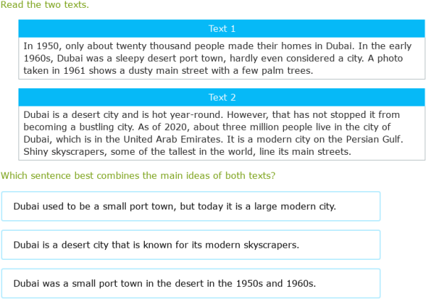 IXL | Combine main ideas from two texts | 4th grade language arts