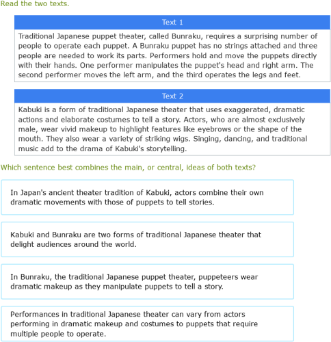 IXL | Combine main ideas from two texts | 6th grade language arts
