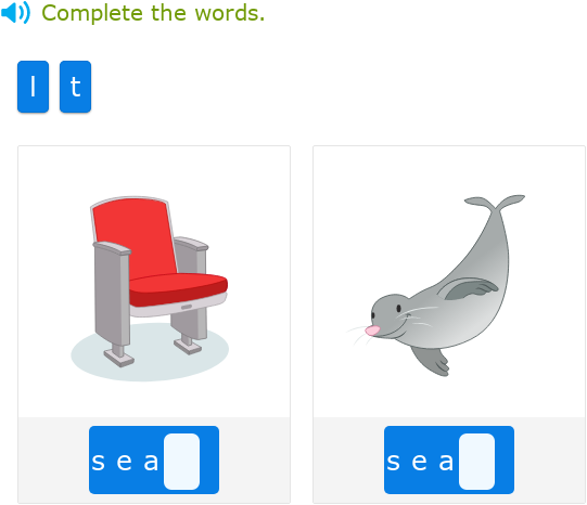IXL | Complete the vowel team words | 1st grade language arts