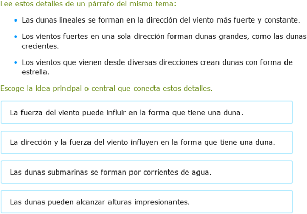 IXL | Usar detalles clave para encontrar la idea principal | 5th grade ...