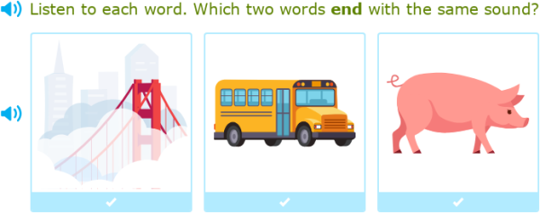 IXL | Which two words end with the same sound? | 1st grade language arts