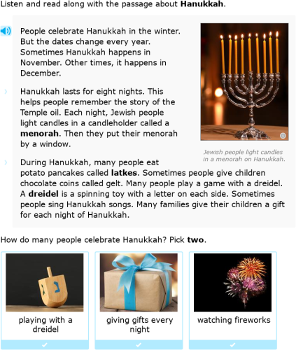IXL | Hanukkah | 1st grade social studies