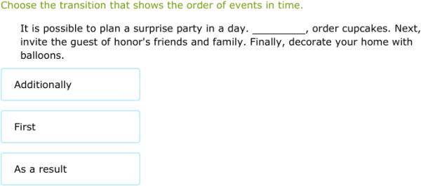 IXL | Choose the best transition | 3rd grade language arts