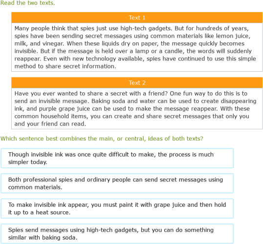IXL | Combine central ideas from two texts | 5th grade language arts