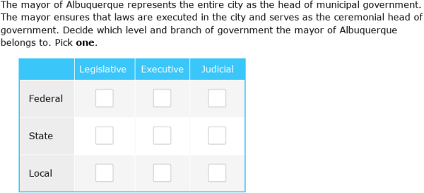 IXL | Identify levels and branches of government | 7th grade social studies