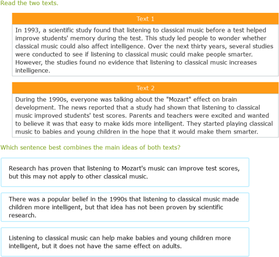IXL | Combine main ideas from two texts | 6th grade language arts