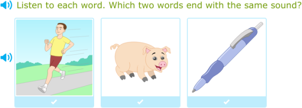 IXL | Which two words end with the same sound? | 1st grade language arts