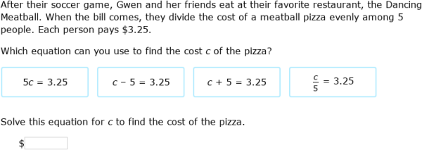 IXL | Solve one-step equations: word problems | 6th grade math