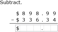 IXL | Subtract money amounts | 5th grade math