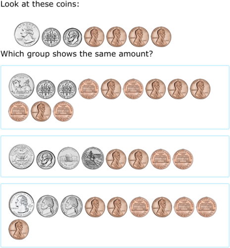 IXL - Equivalent groups of coins (1st grade math practice)