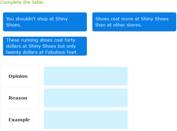 IXL | Complete the opinion-reason-example table | 3rd grade language arts