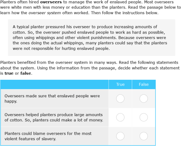 IXL | Slavery in the South | 7th grade social studies