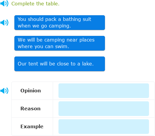 IXL | Complete the opinion-reason-example table | 2nd grade language arts