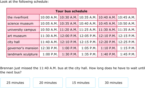 IXL | Transportation schedules | 4th grade math