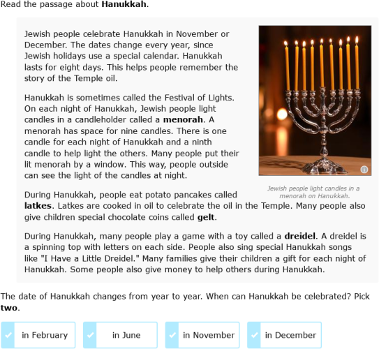 IXL | Hanukkah | 4th grade social studies