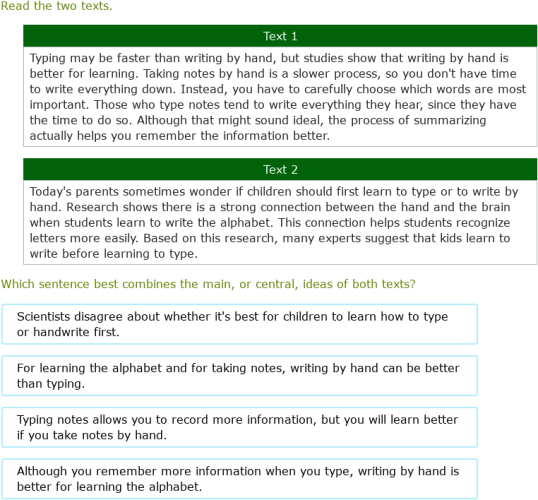 IXL | Combine main ideas from two texts | 5th grade language arts