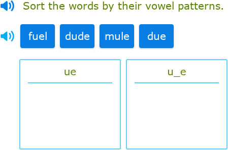 IXL | Use spelling patterns to sort long u words | 1st grade language arts