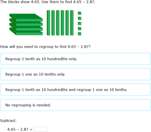 IXL | Subtract decimal numbers using blocks | 5th grade math