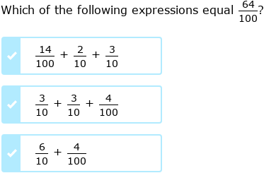 IXL | Add up to 4 fractions with denominators of 10 and 100 | 4th grade ...