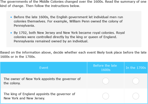 IXL | Middle Colonies: founding and government | 7th grade social studies