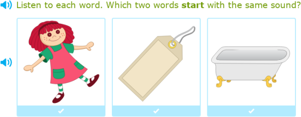 IXL | Which two words start with the same sound? | 1st grade language arts