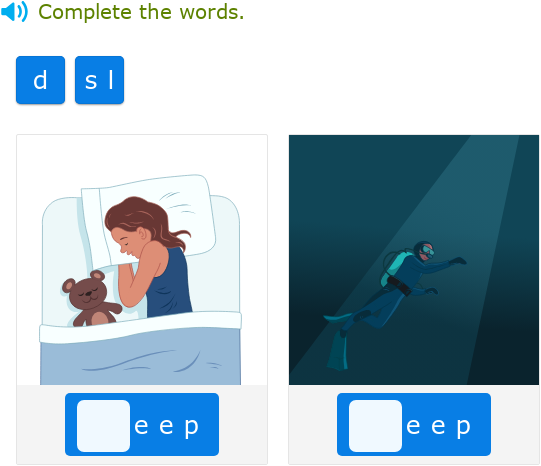 IXL | Complete the vowel team words | 1st grade language arts