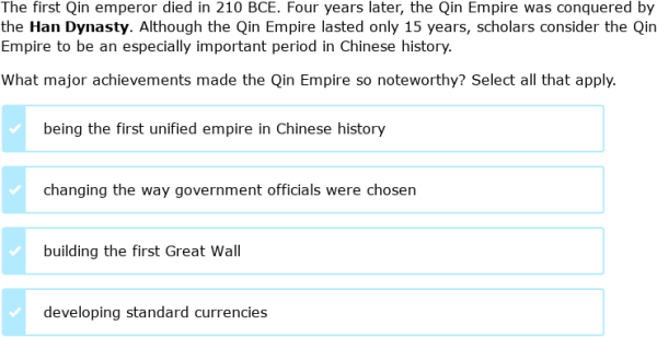 IXL | The Qin Empire | 7th grade social studies