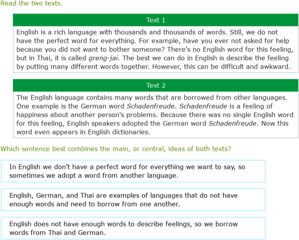 IXL | Combine central ideas from two texts | 4th grade language arts