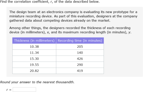 IXL - Calculate correlation coefficients (Algebra 1 practice)