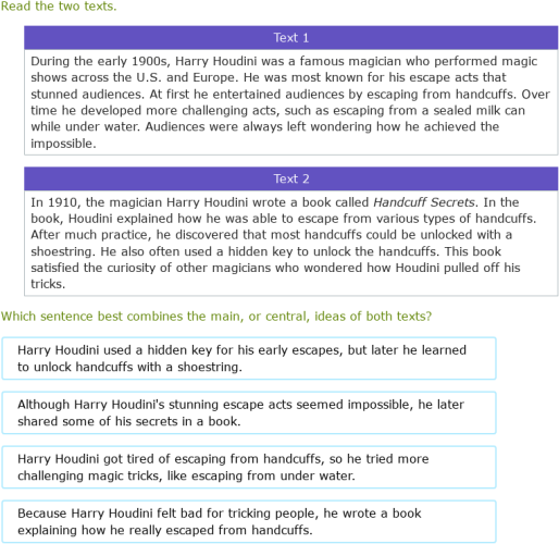 IXL | Combine main ideas from two texts | 5th grade language arts
