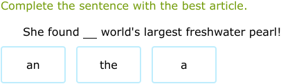 IXL | Use the correct article: a, an, or the | 4th grade language arts