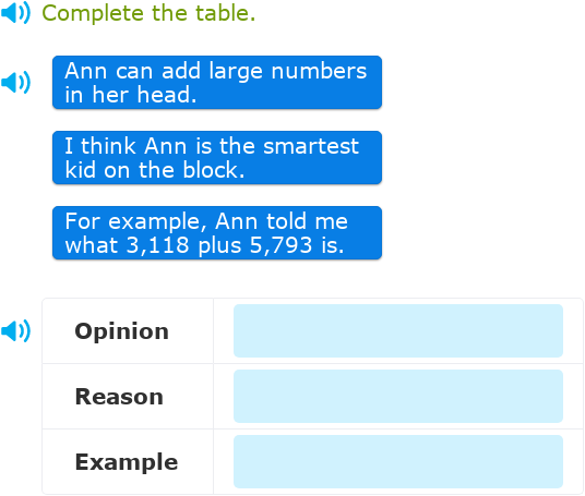 IXL | Complete the opinion-reason-example table | 1st grade language arts