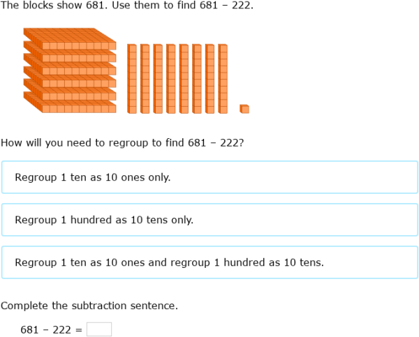 IXL | Use models to subtract three-digit numbers | 3rd grade math