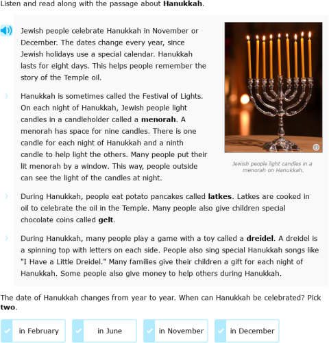 IXL | Hanukkah | 2nd grade social studies