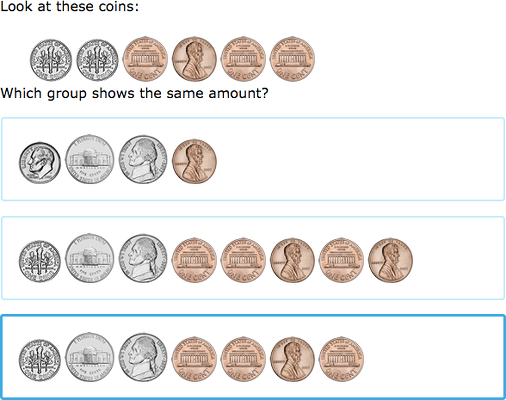 IXL - Equivalent groups of coins (1st grade math practice)