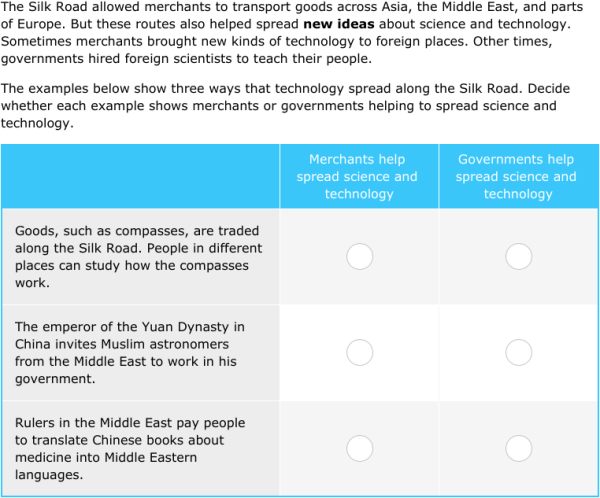 IXL | The medieval Silk Road | 6th grade social studies