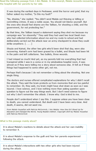 IXL | Analyze passages from I Am Malala: Part 2 | 6th grade language arts